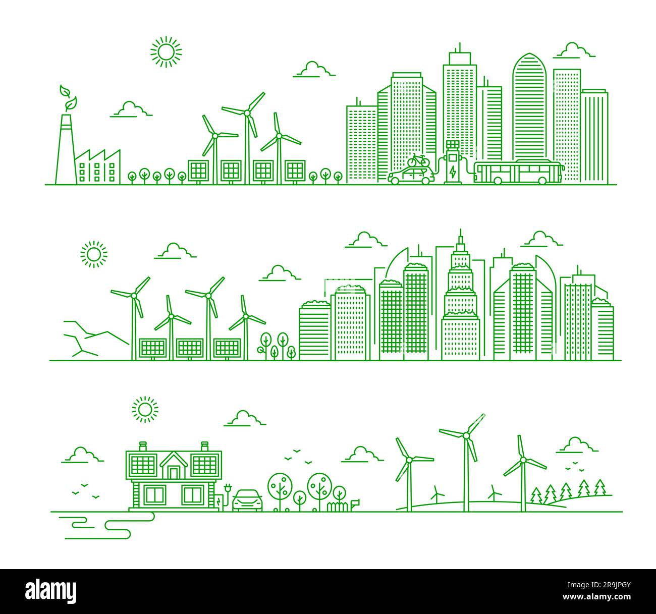 Eco city landscape outline panoramic concept. Sustainable future ...