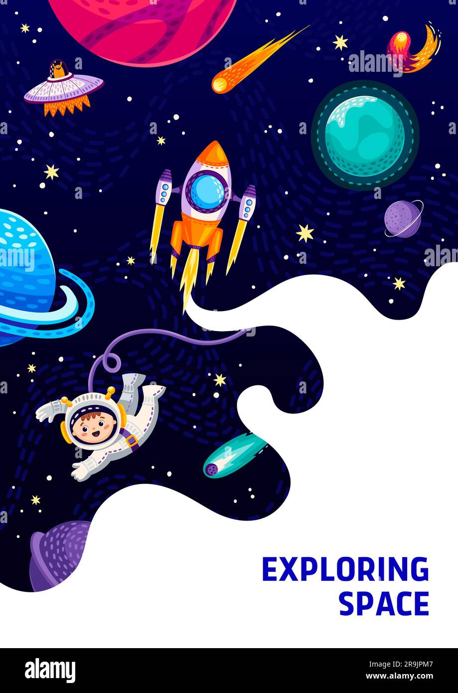 Space poster, cartoon astronaut in outer space, rocketship UFO and ...