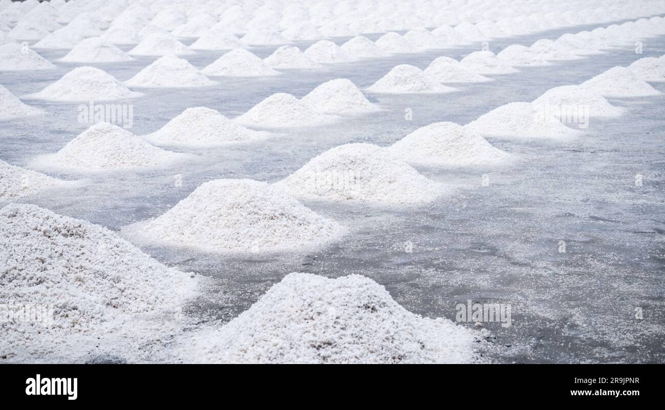 Sea salt farm. Pile of brine salt. Raw material of salt industrial ...