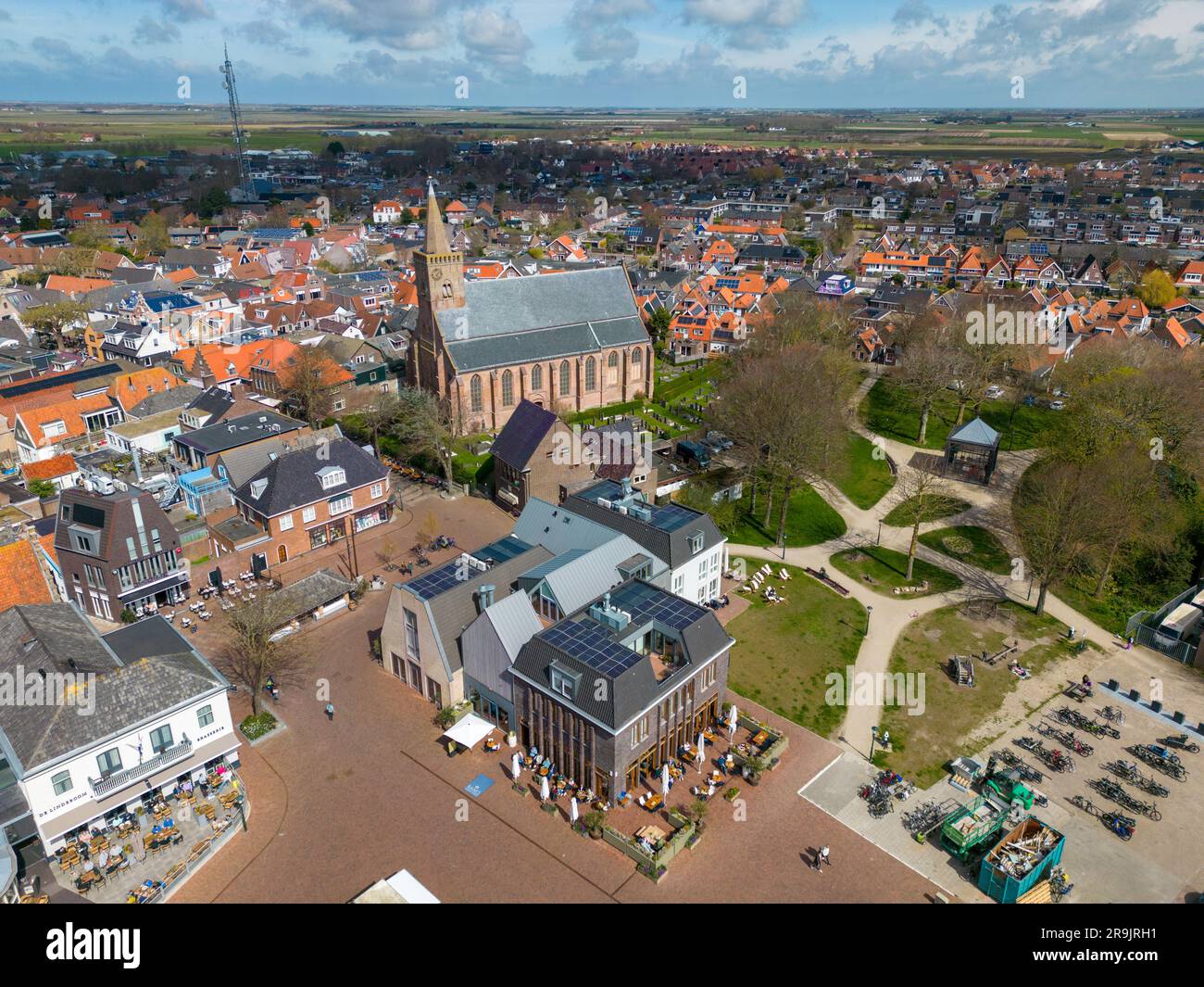 Aerial drone photo of the town centre of Den Burg. Den Burg is the ...