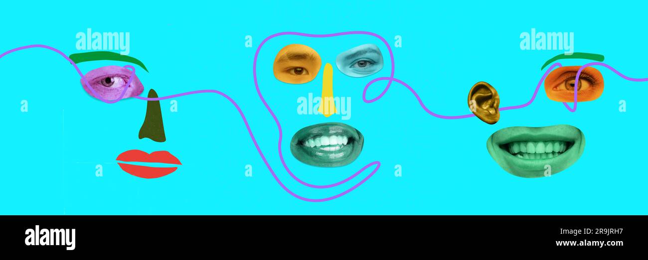 Human faces, facial expressions made of diverse people face parts ...
