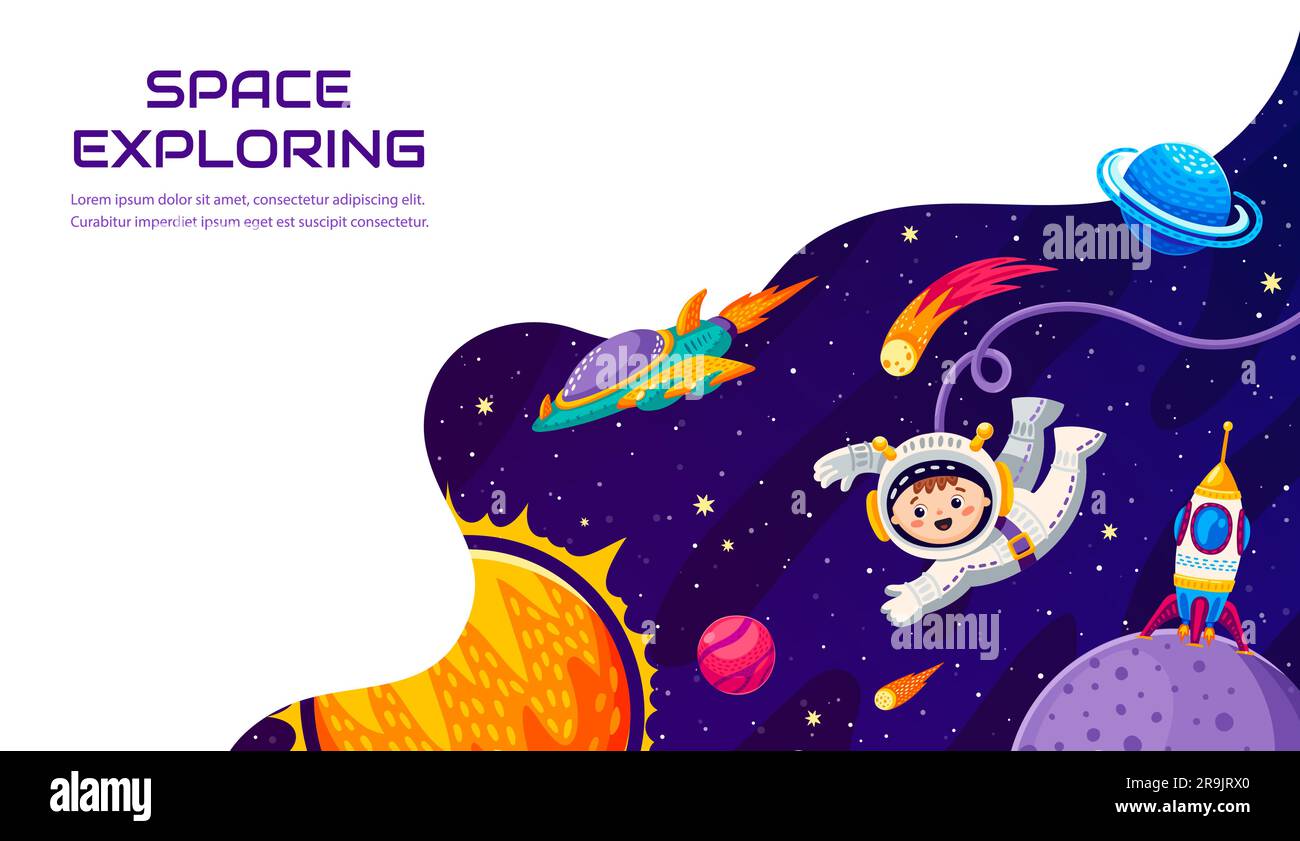 Space galaxy landing page. Cartoon space planets, astronaut and ...
