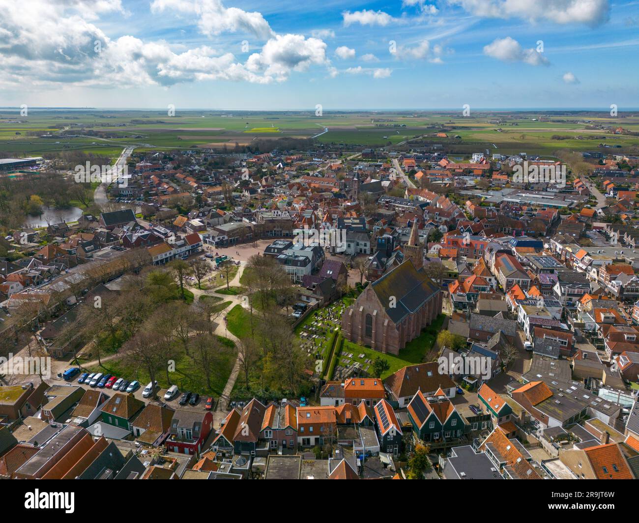 Aerial drone photo of the town centre of Den Burg. Den Burg is the ...