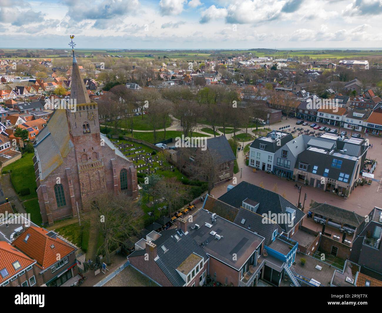 Aerial drone photo of the town centre of Den Burg. Den Burg is the ...