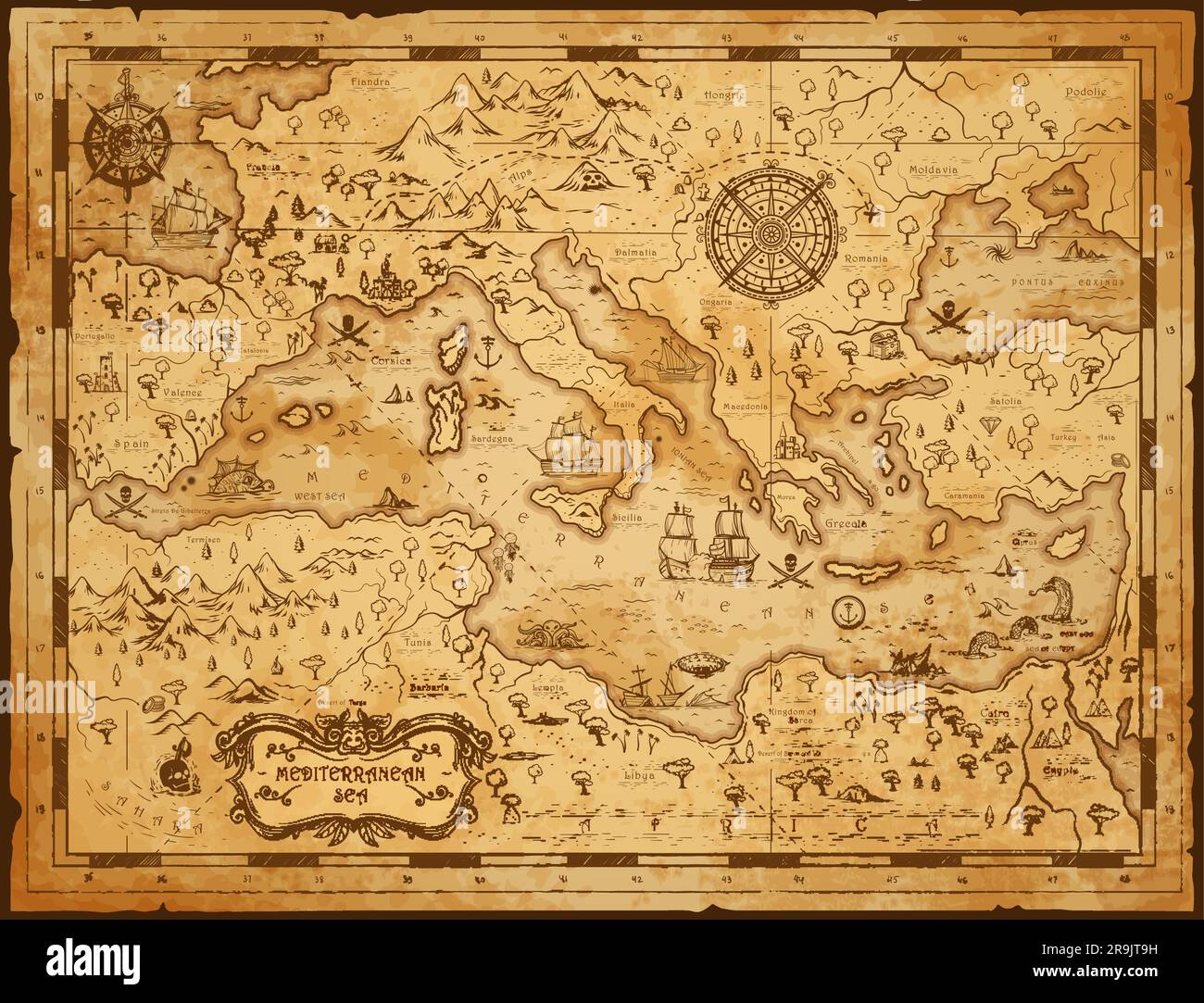 Old vintage map of Mediterranean sea, pirate sailing and treasure ...