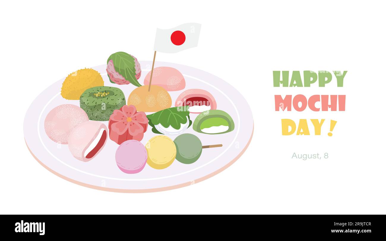 Mochi on plate. Happy Mochi Day Banner, card or poster. Traditional ...