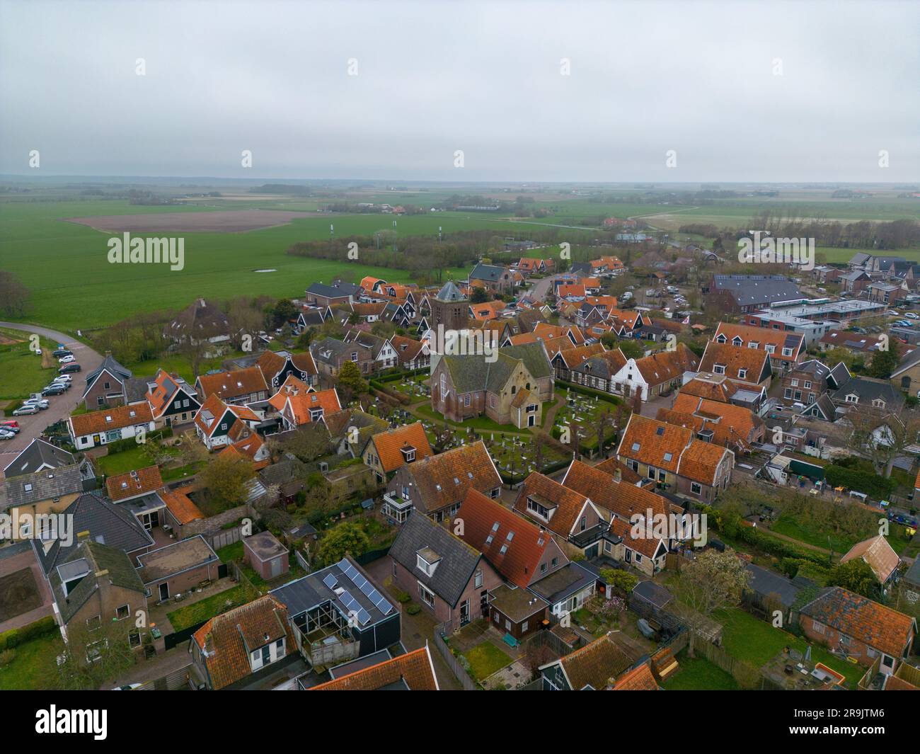 Aerial drone photo of the small village named Oosterend in Texel, an ...