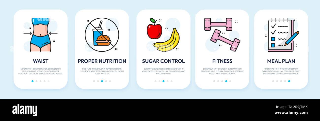 Mobile app onboarding screen line icons of nutrition, healthy food ...