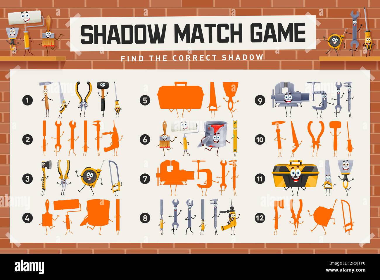 Shadow match game worksheet, cartoon repair, DIY and work tool ...