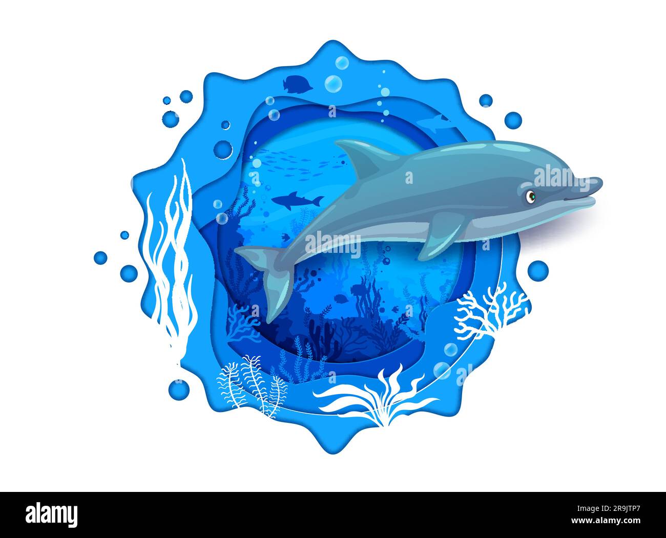 Cartoon blue dolphin and sea underwater paper cut landscape with ...