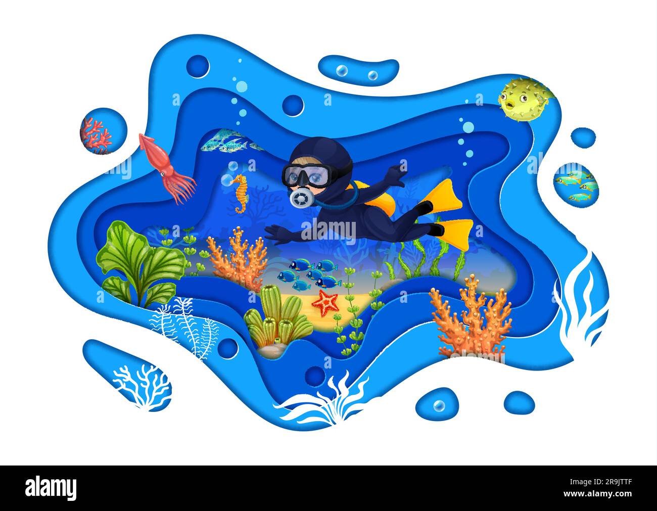 Young diver and underwater sea paper cut landscape with corals, fish ...