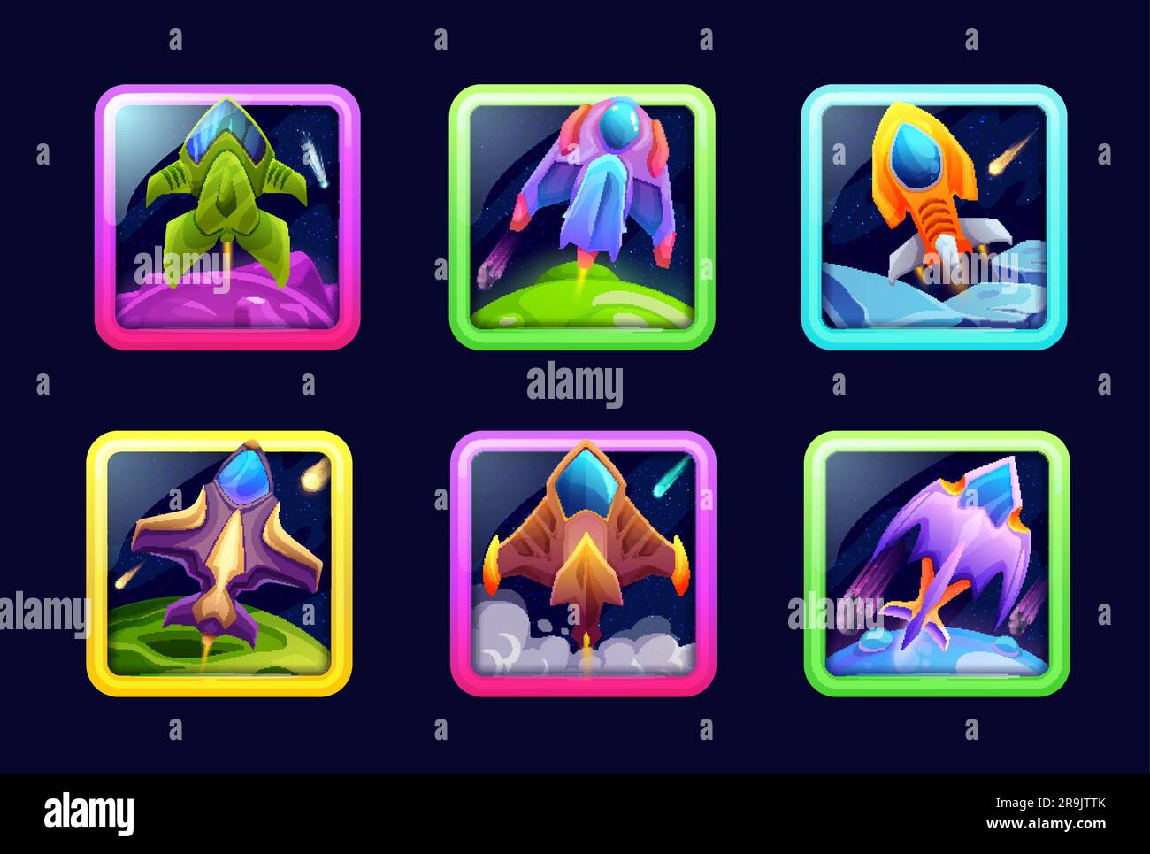 Cartoon space game app icons with spaceships, starcrafts and rockets, vector mobile application ...