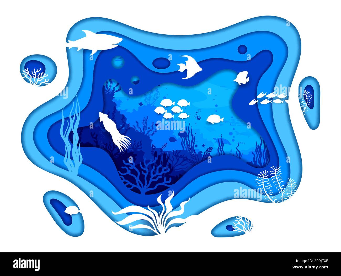 Silhouette sea paper cut landscape with underwater animals, fish and ...