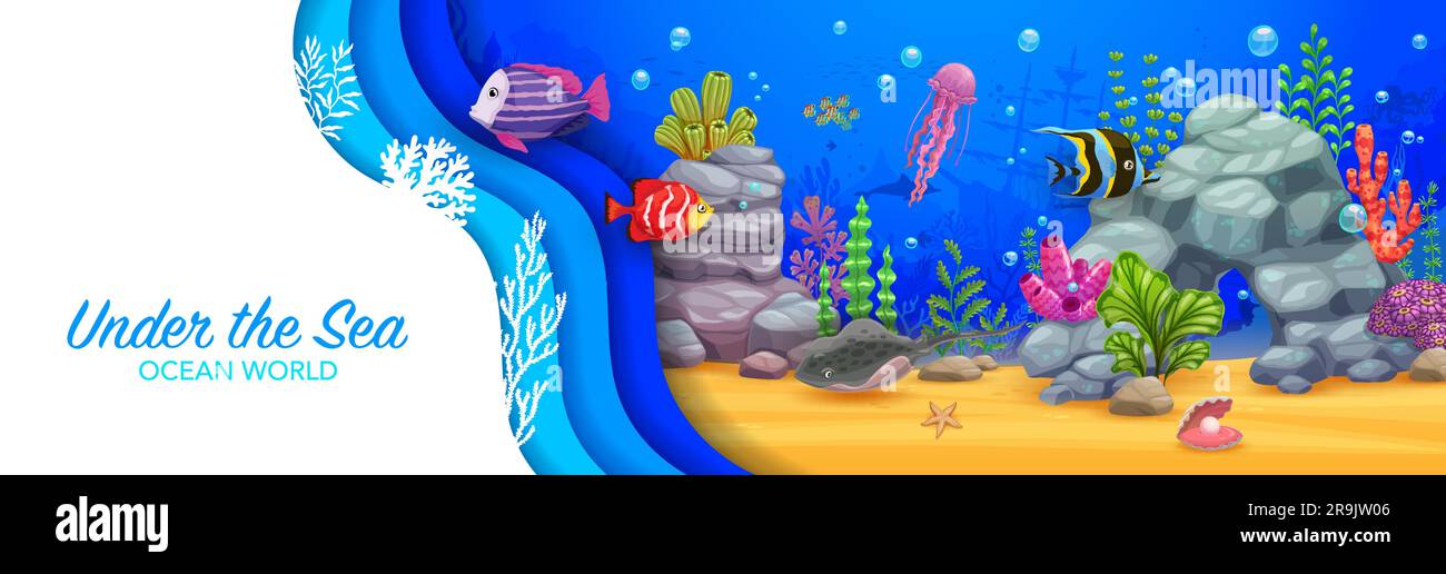 Cartoon underwater paper cut landscape banner with stingray, fish ...