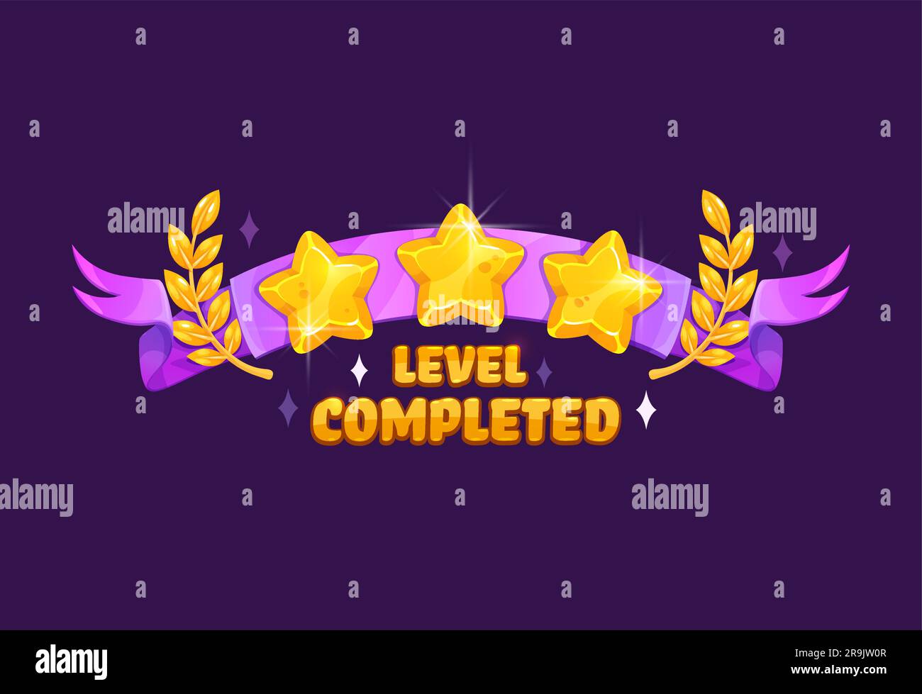 Game level complete with golden stars reward ribbon, vector GUI interface icon. Game level ...