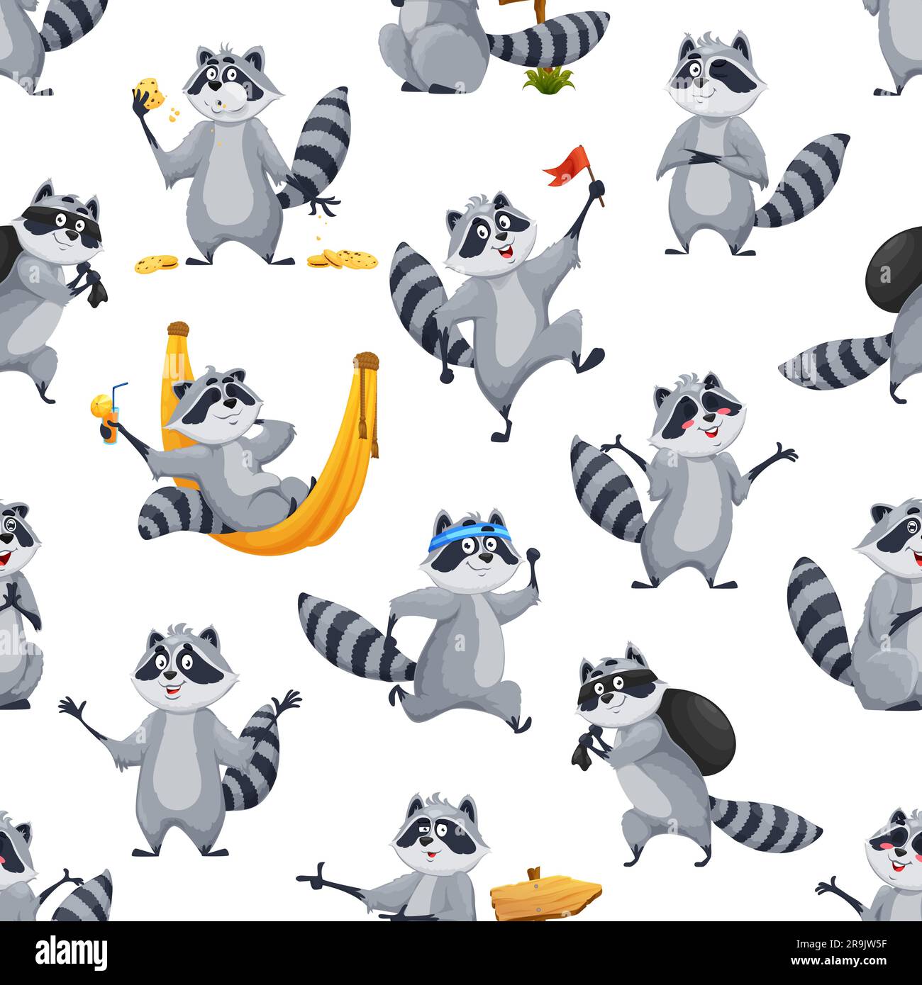 Cartoon raccoon characters seamless pattern background, vector funny ...