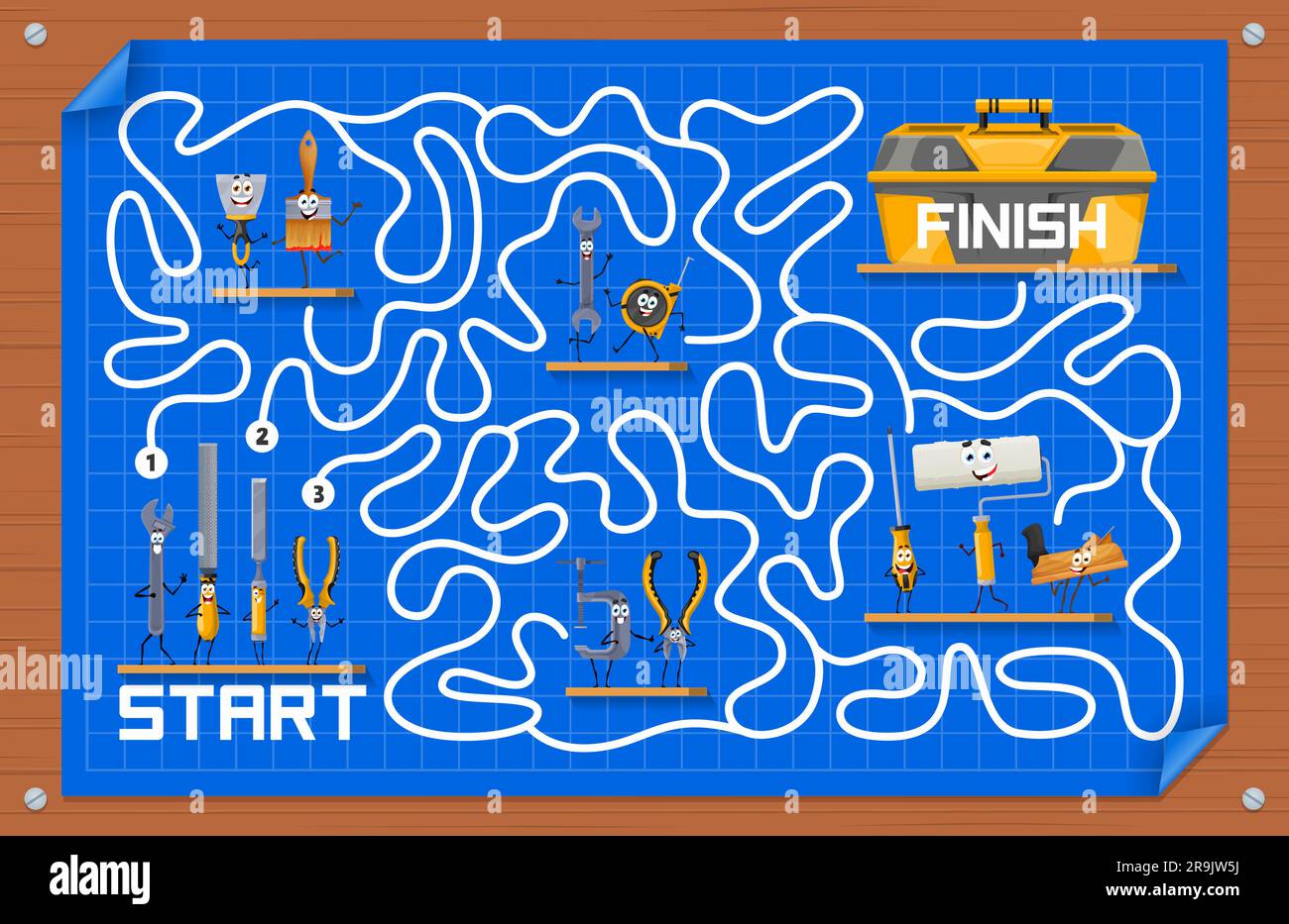 Labyrinth maze, help to cartoon repair and DIY work tool characters ...