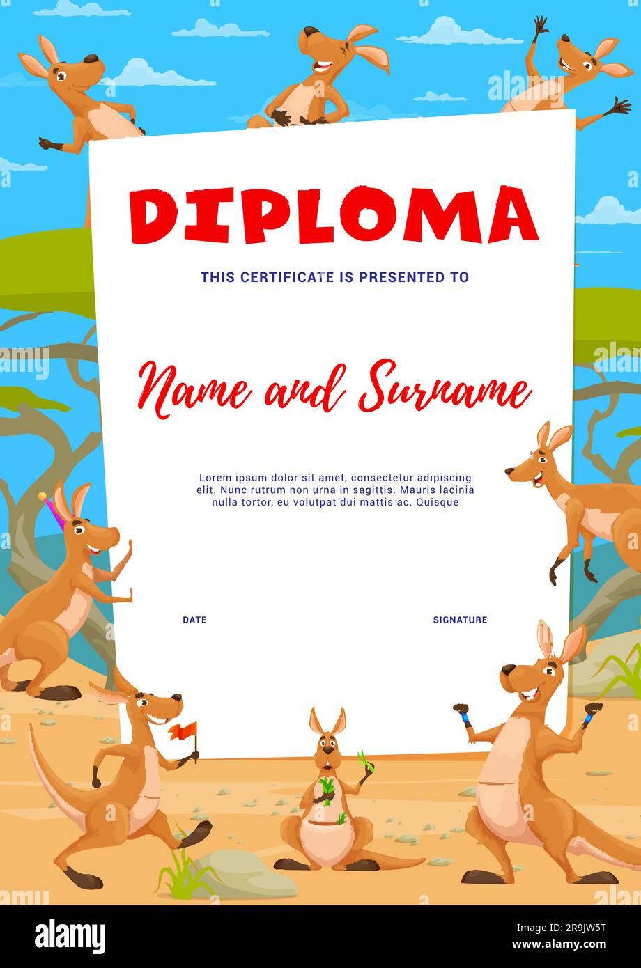 Kids diploma, cartoon happy kangaroo characters, vector certificate ...