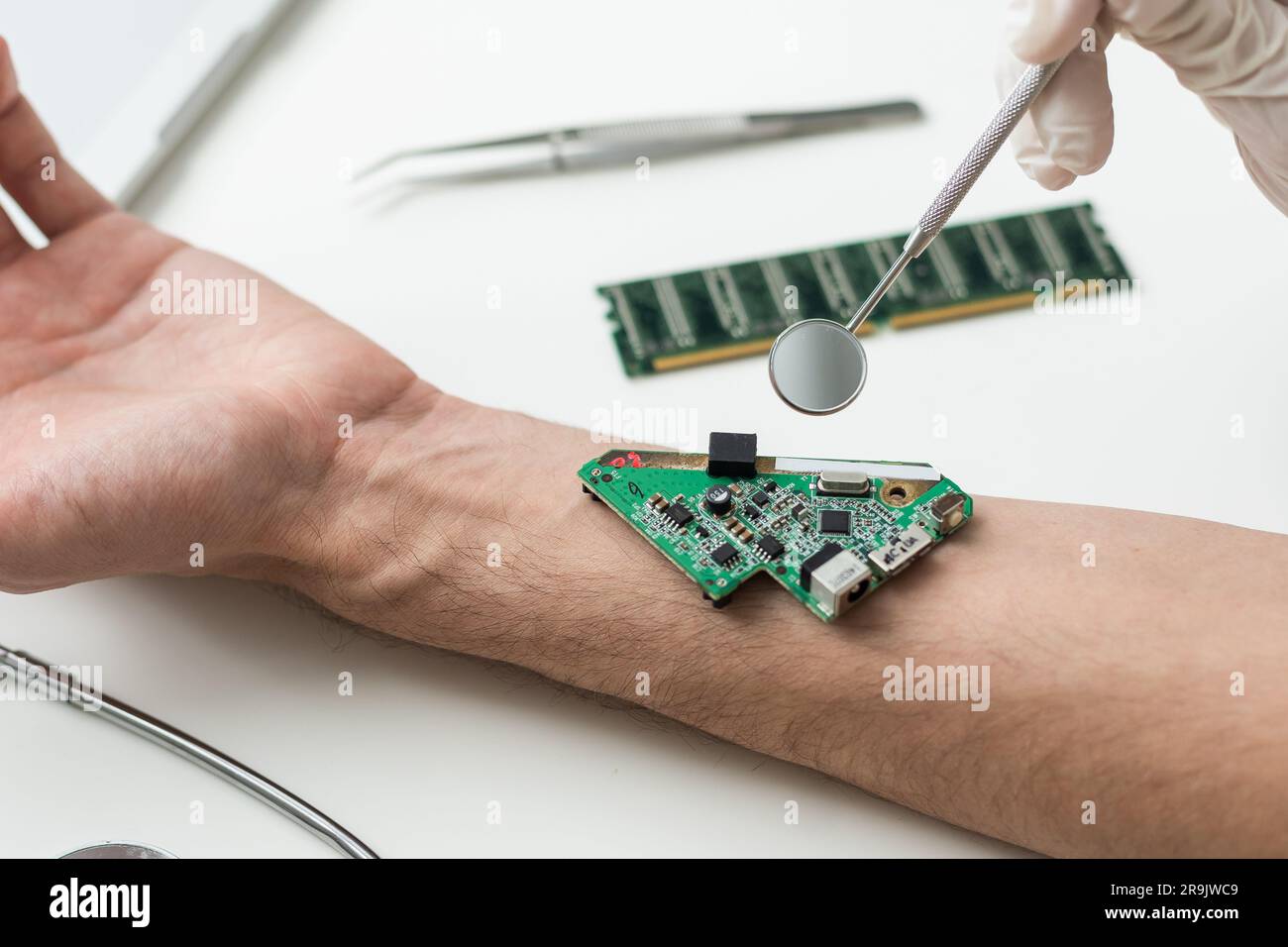 Hand with implantation of micro chip. X-Ray view close-up. Chipization ...