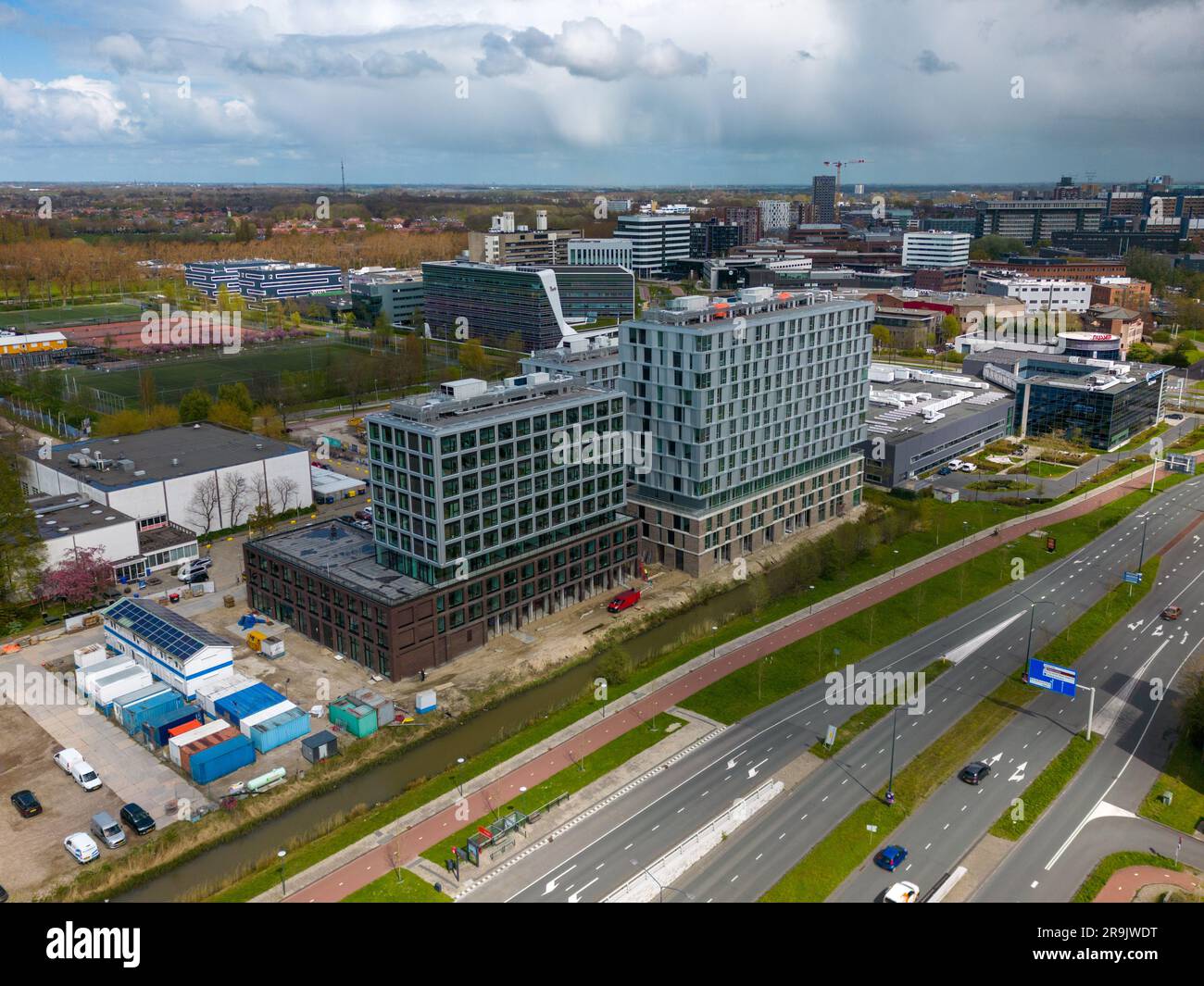 Aerial drone photo of office buildings in Leiden, the Netherlands. The ...