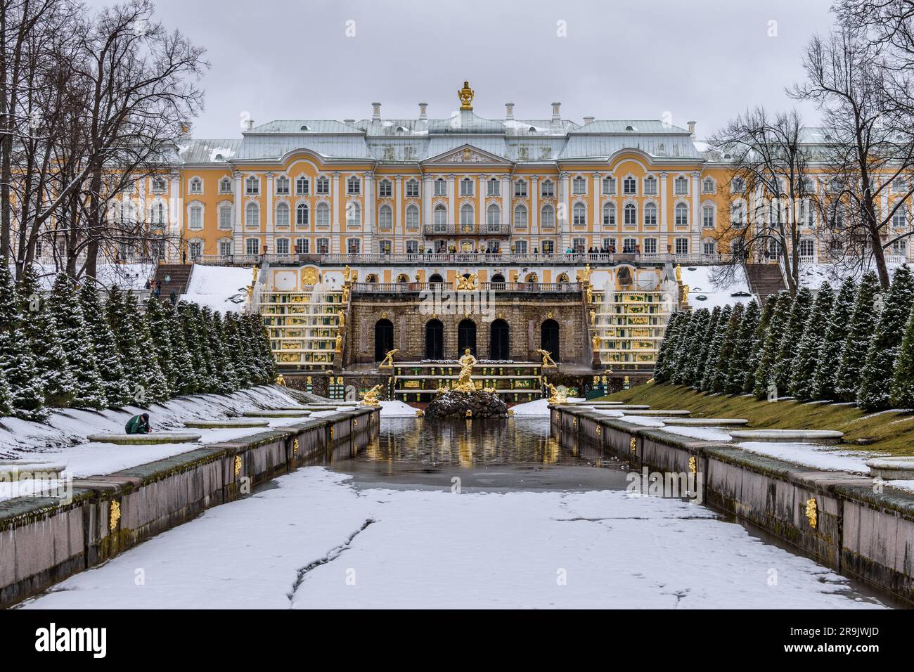 Peterhof Baroque summer palace, the facade o fthe buildings and the ...