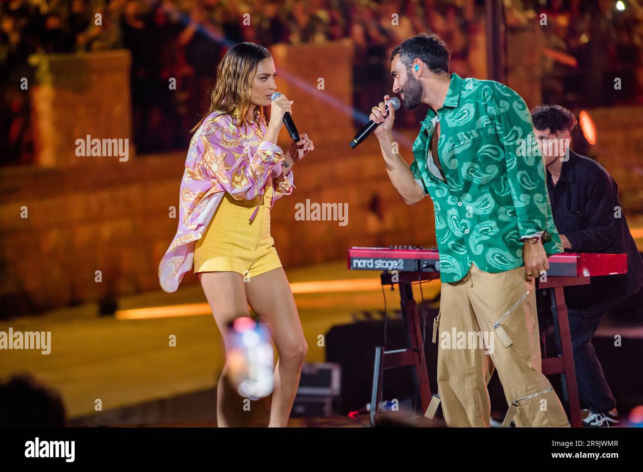 Singers Marco Mengoni and Elodie Di Patrizi during their performance in ...
