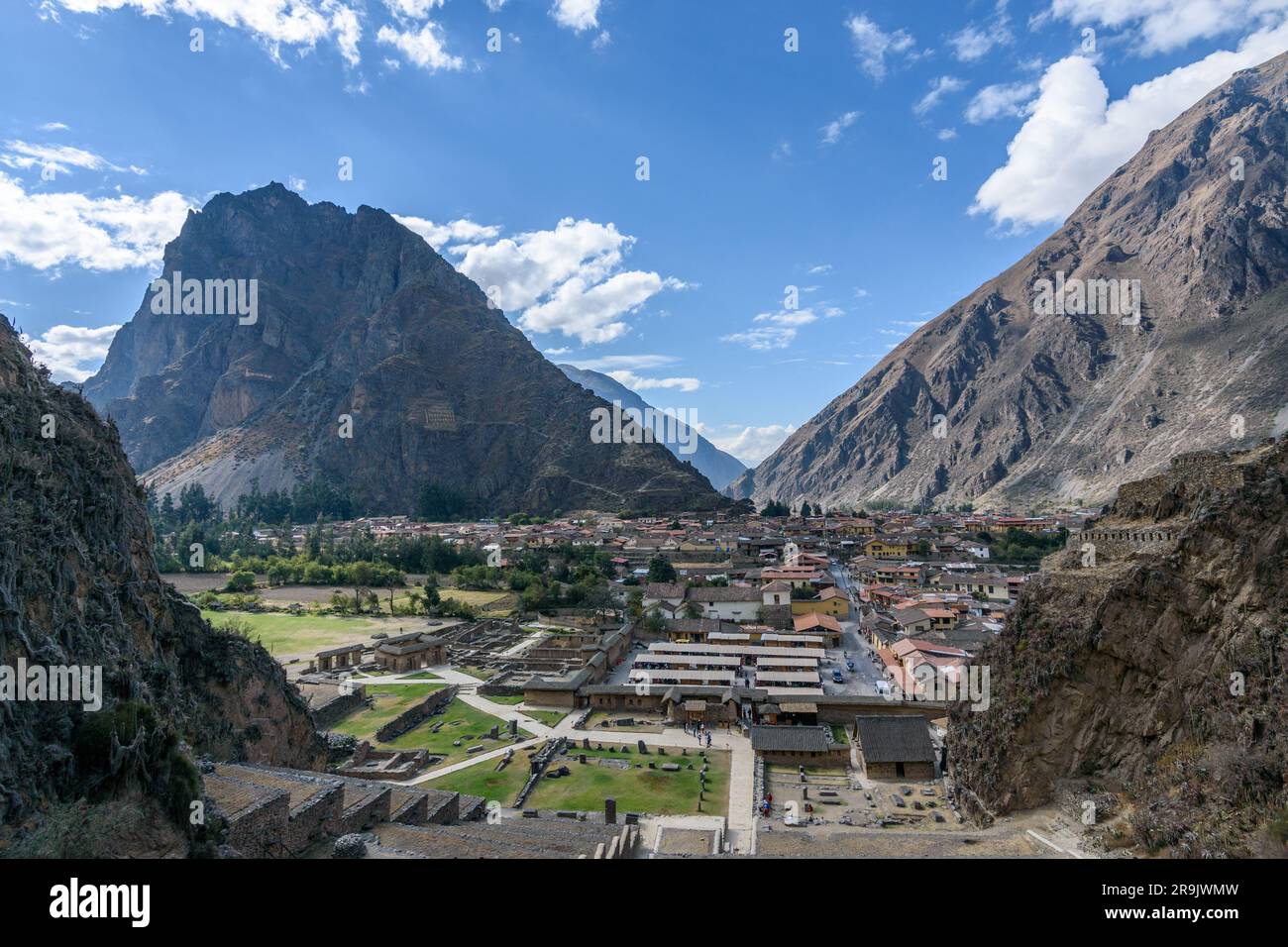 Ollantaytambo, Inca historic terraces and buildings, and view of the ...