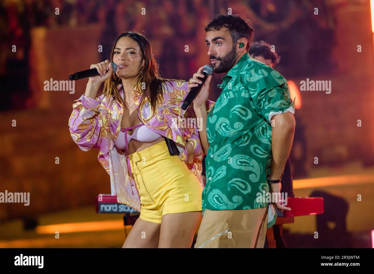 Singers Marco Mengoni and Elodie Di Patrizi during their performance in ...