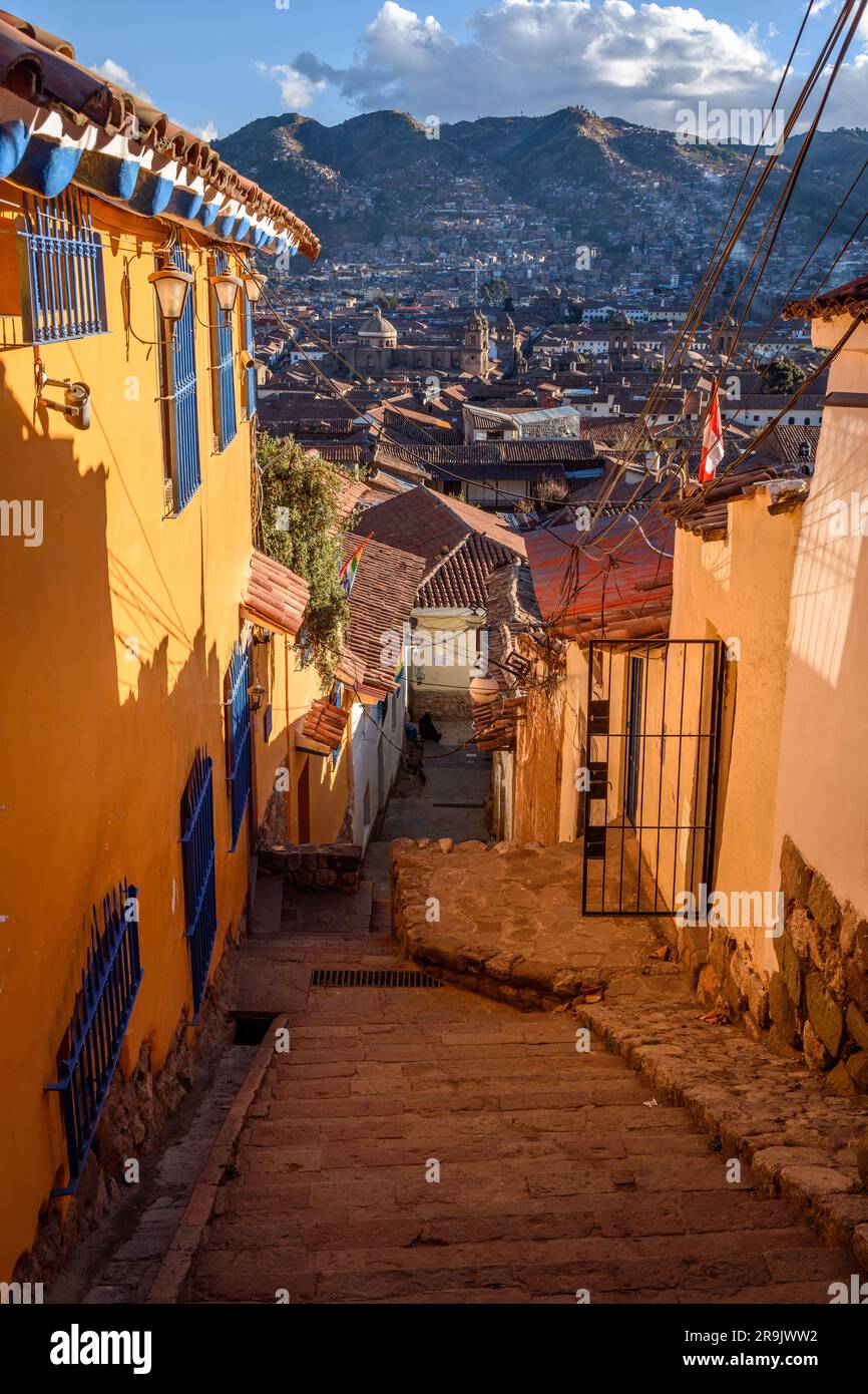 Cusco, a town in the Andes in a valley, steep hillside and view of the ...