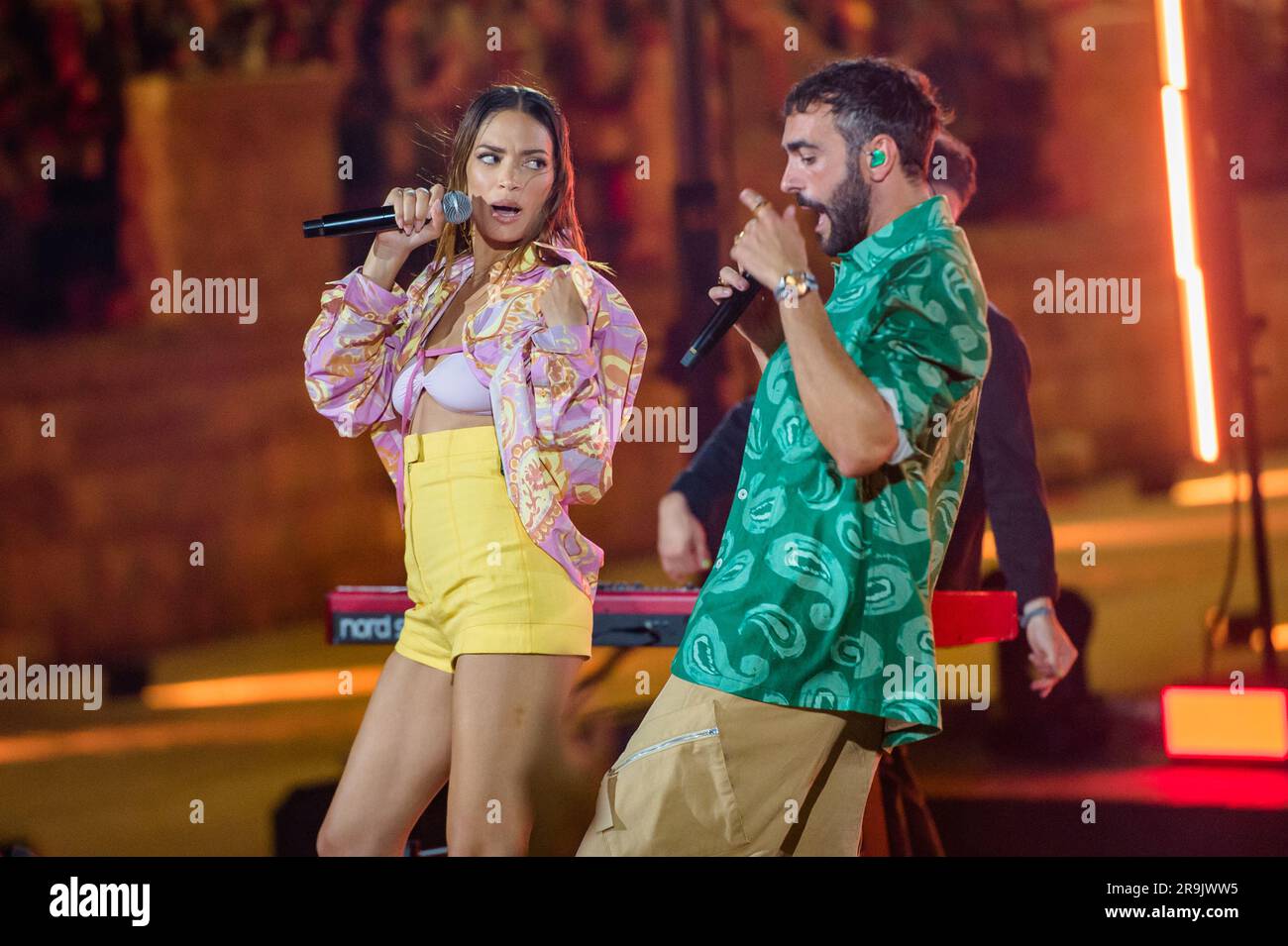 Singers Marco Mengoni and Elodie Di Patrizi during their performance in ...