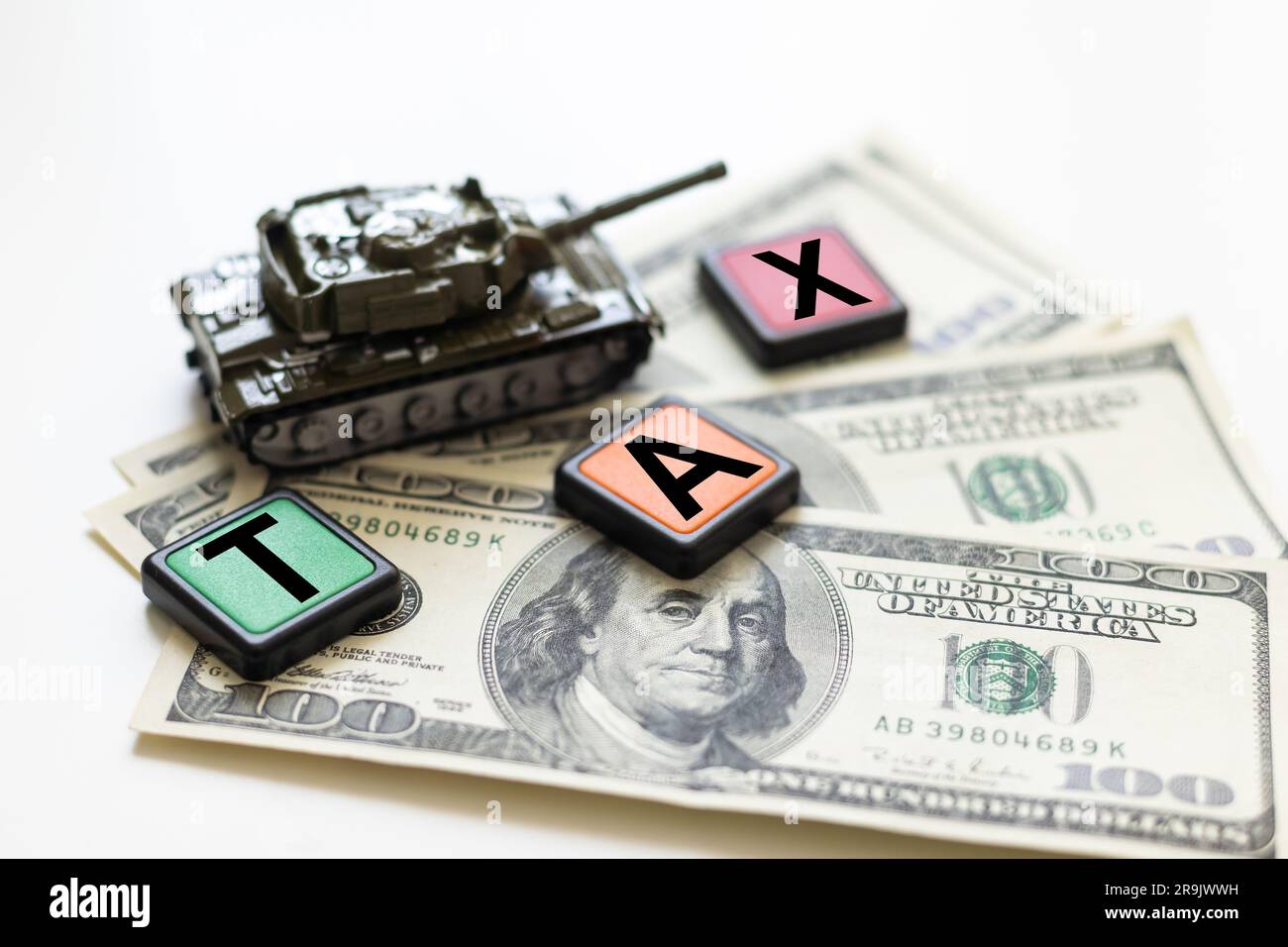 The main battle tank on US dollar bill banknotes background. U.S.A. and ...