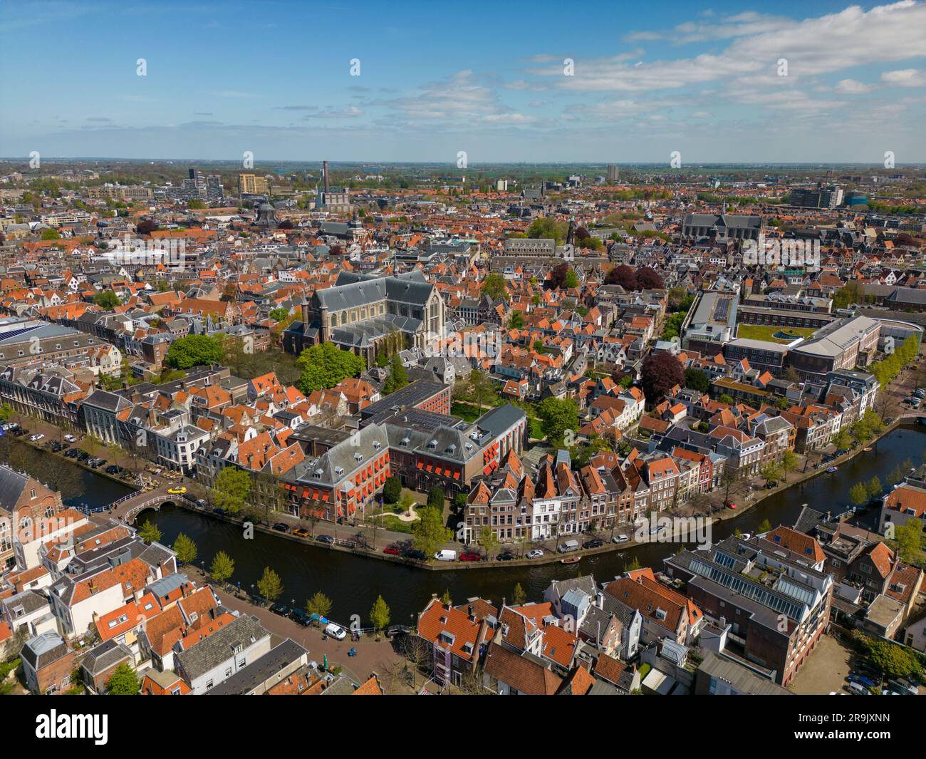 Aerial drone photo of the old city centre in Leiden. Leiden has ...