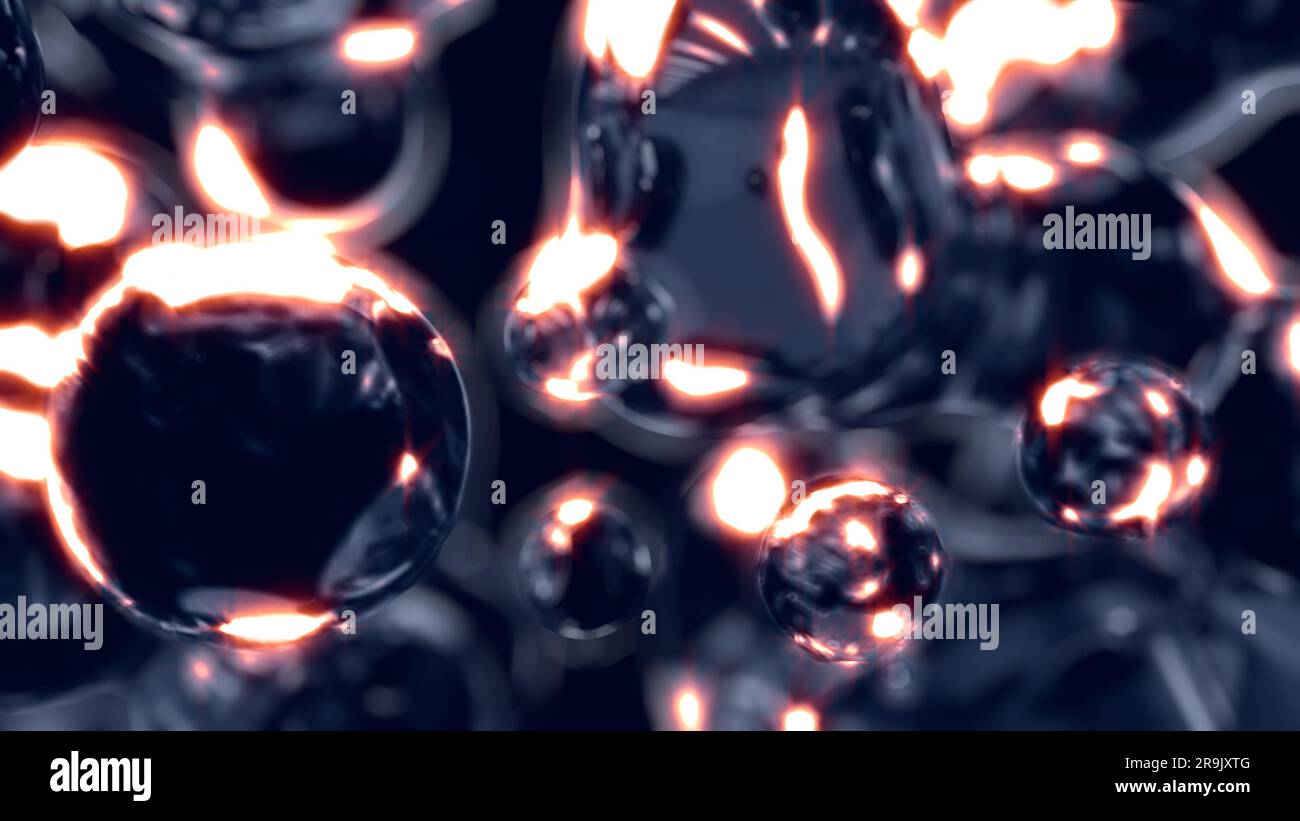 dark shadow gray limpid crystal meta spheres glowing red on blackness ...