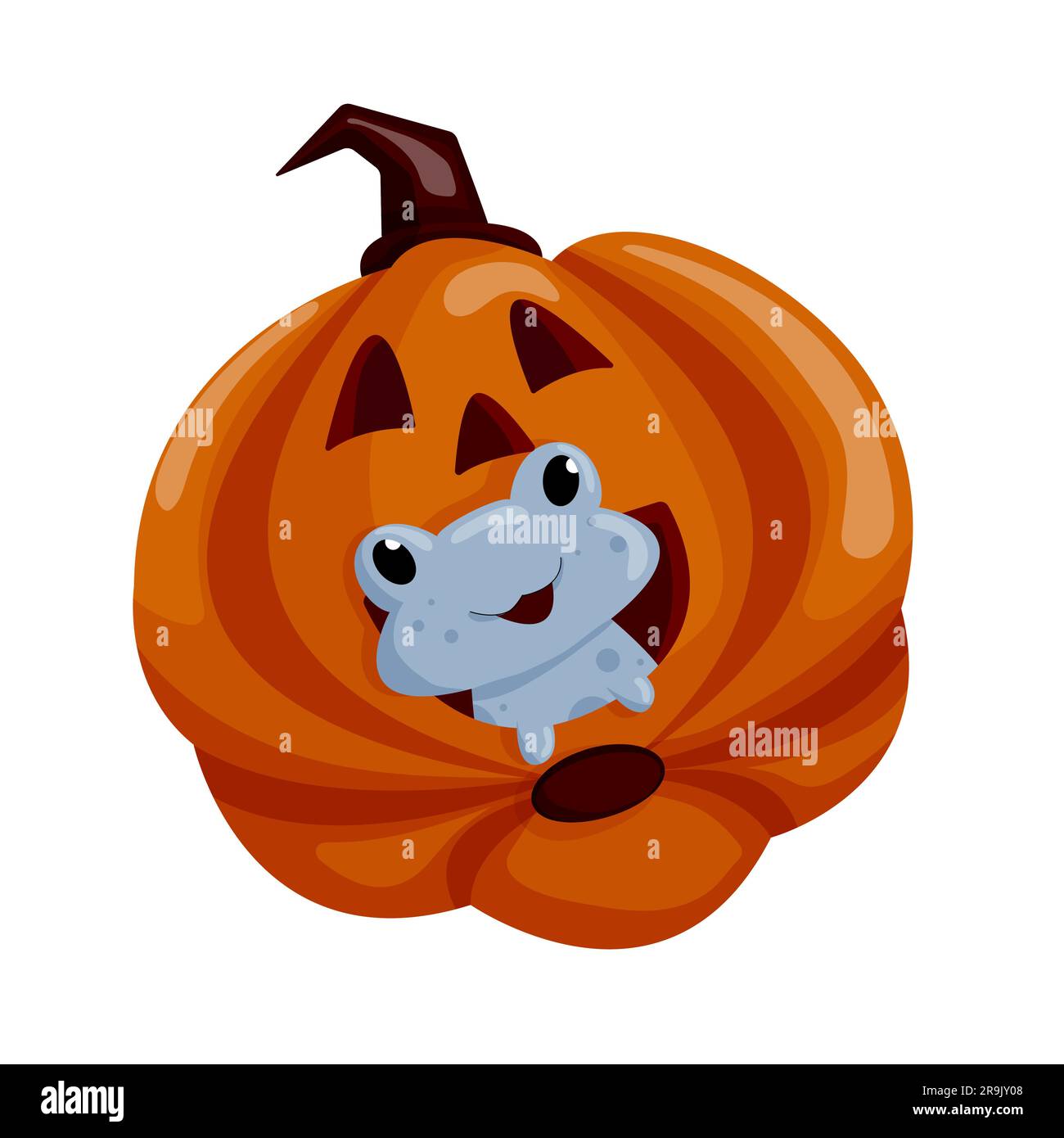 Cartoon halloween frog sits in a pumpkin and smiling. Vector ...