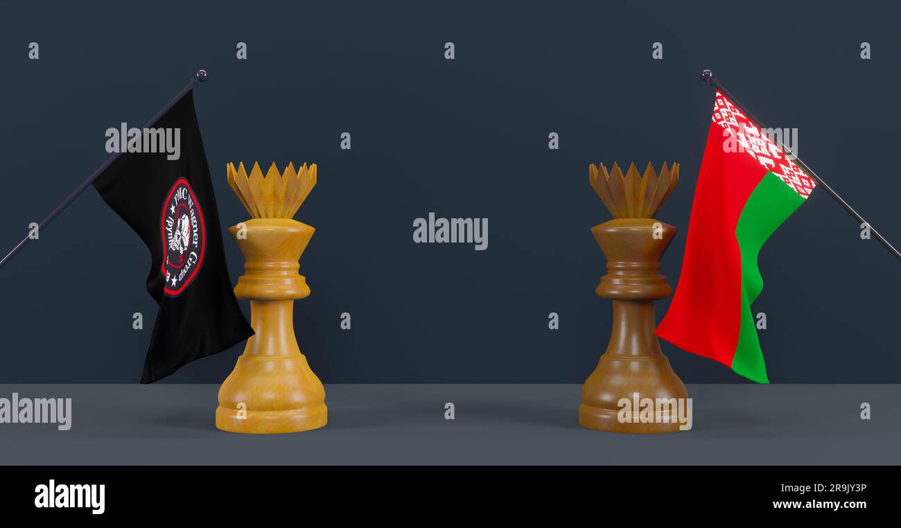 Belarus and Wagner Group flags on table. Negotiation between Wagner and ...