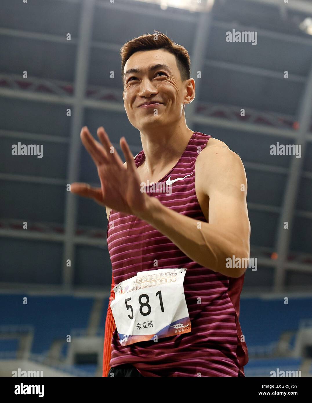 Shenyang, China's Liaoning Province. 27th June, 2023. First-placed Zhu Yaming of Liaoning reacts ...