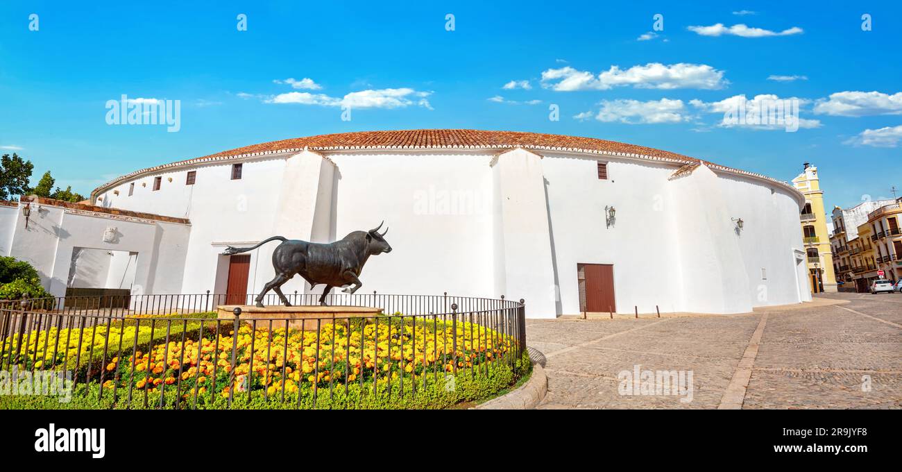 Panoramic view to bullfight arena on Plaza de Toros square with bronze ...