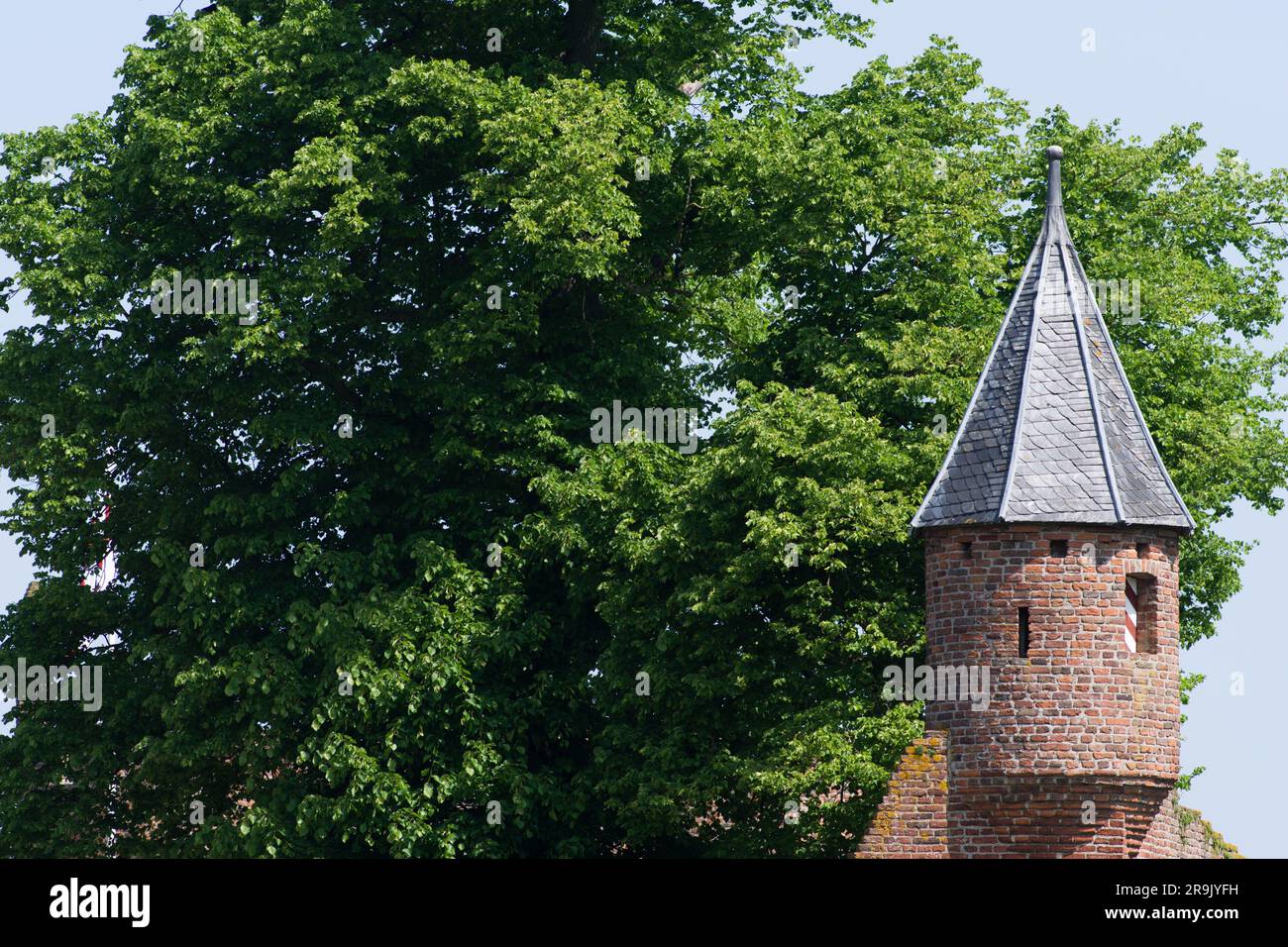 Small tower as part of a defence wall of castle Doornenburg with trees ...