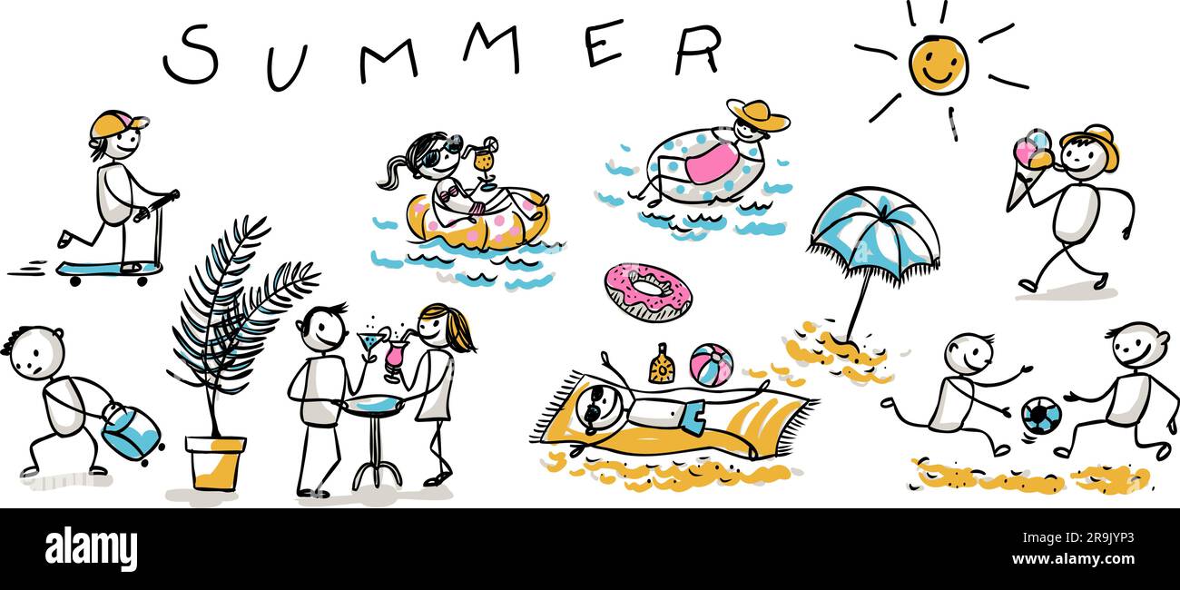 Summer at the beach. Different stickmen people enjoy their vacation ...