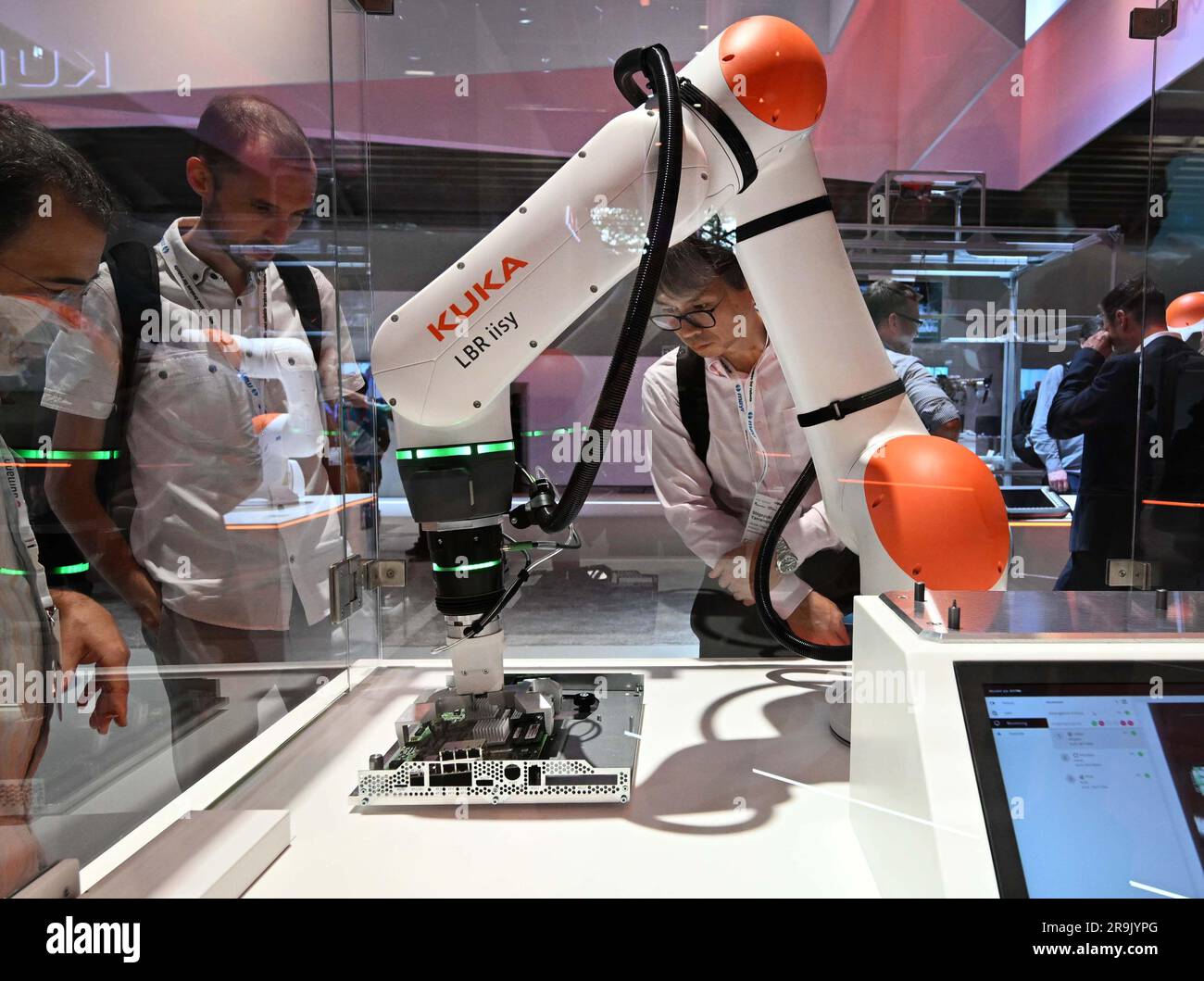 Munich, Germany. 27th June, 2023. A robot arm from the KUKA company is ...