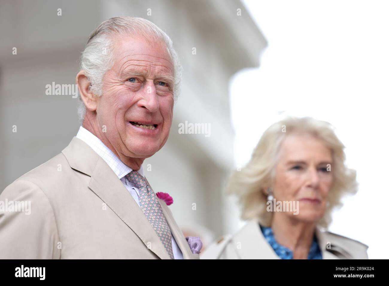 King Charles III and Queen Camilla during a visit at Poundbury in ...