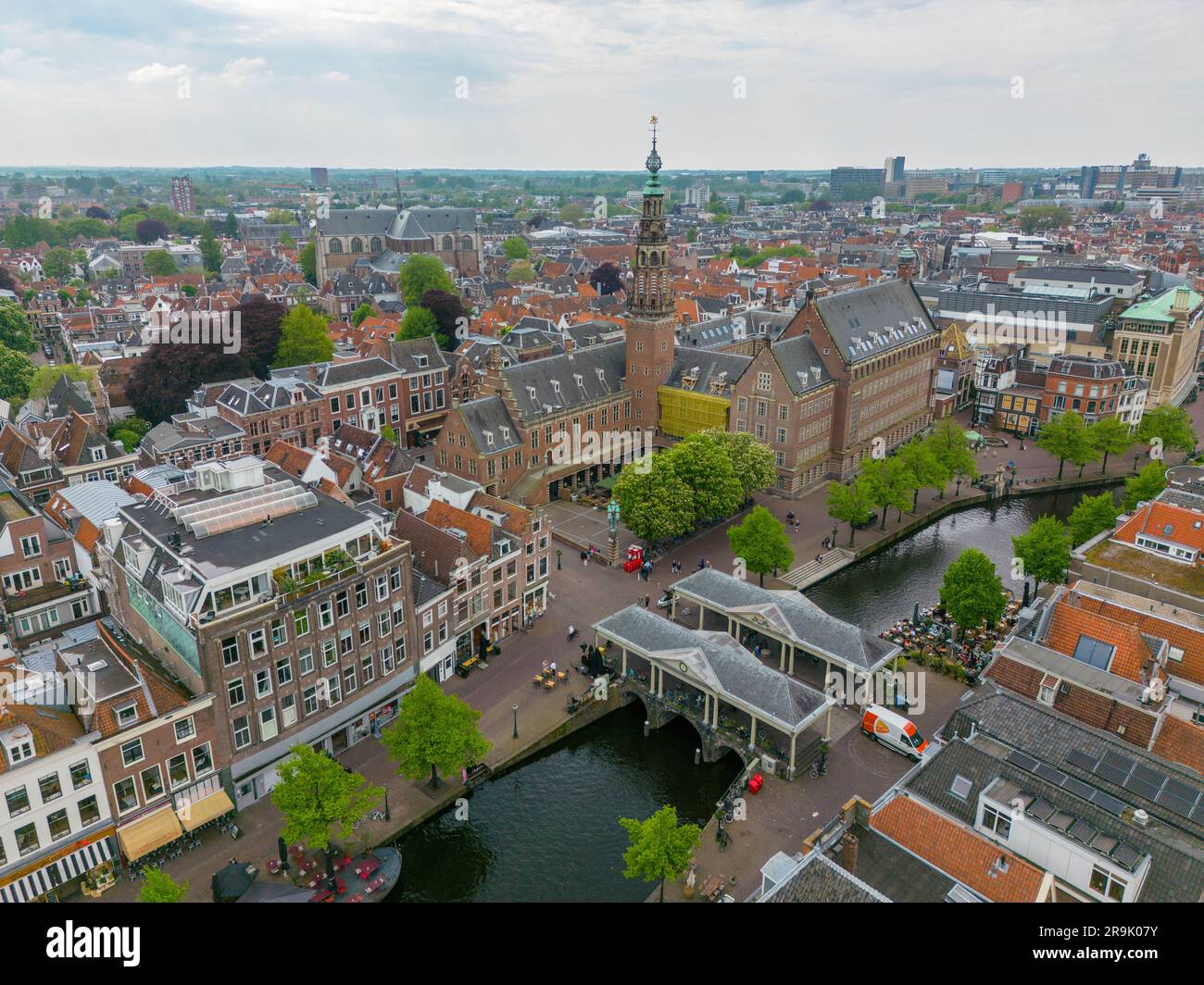 Aerial drone photo of the old city centre in Leiden. Leiden has ...
