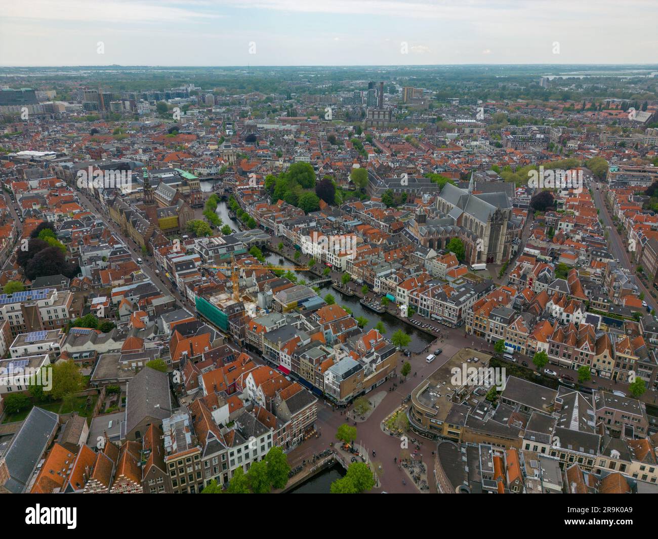 Aerial drone photo of the old city centre in Leiden. Leiden has ...