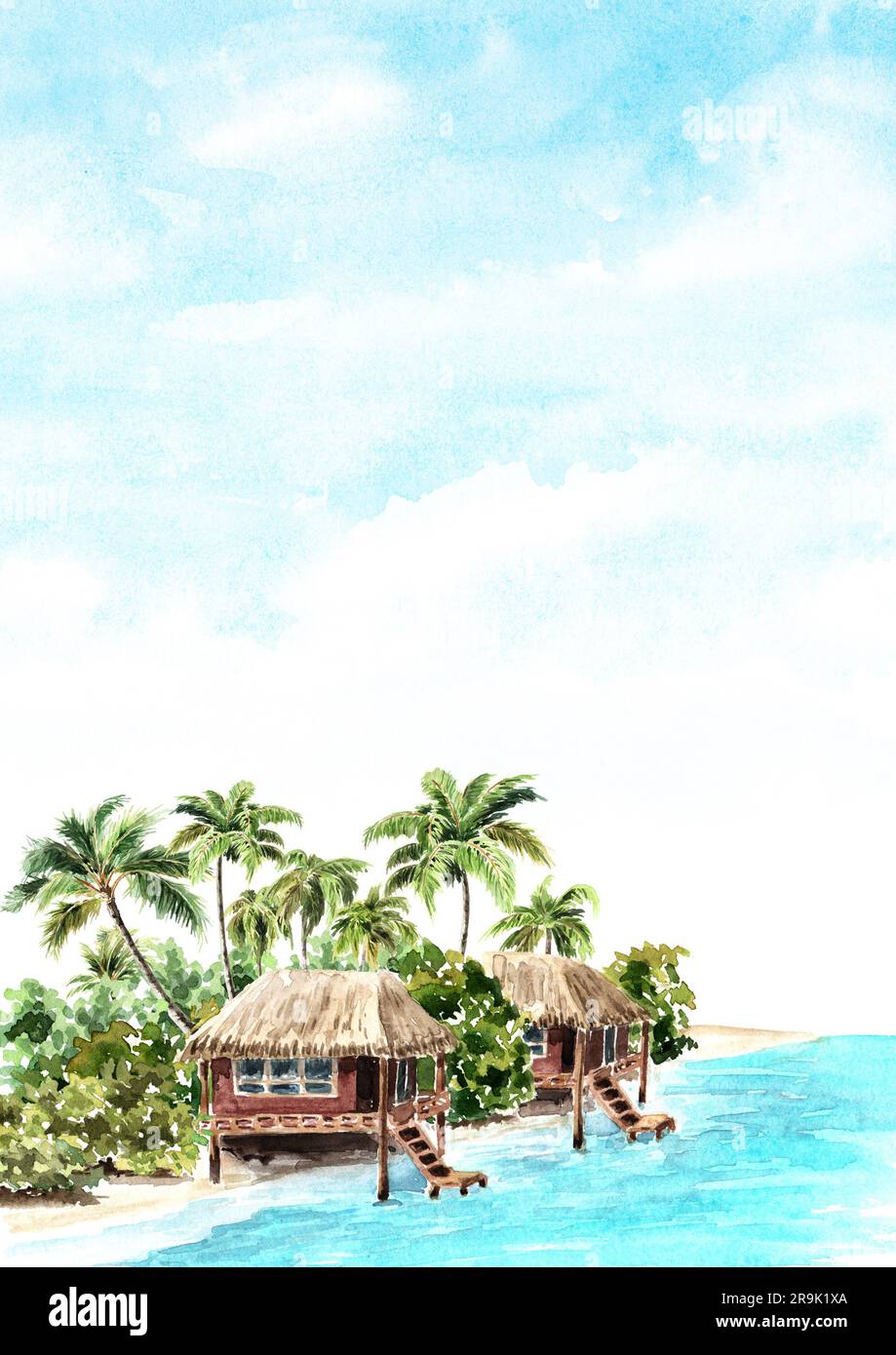 Tropical island template with palm trees and huts on the water. Sea ...