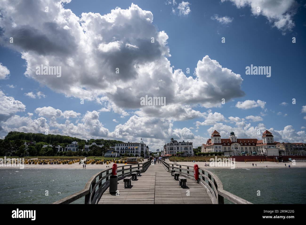 Binz, Germany. 27th June, 2023. Clouds drift over beach and water in ...