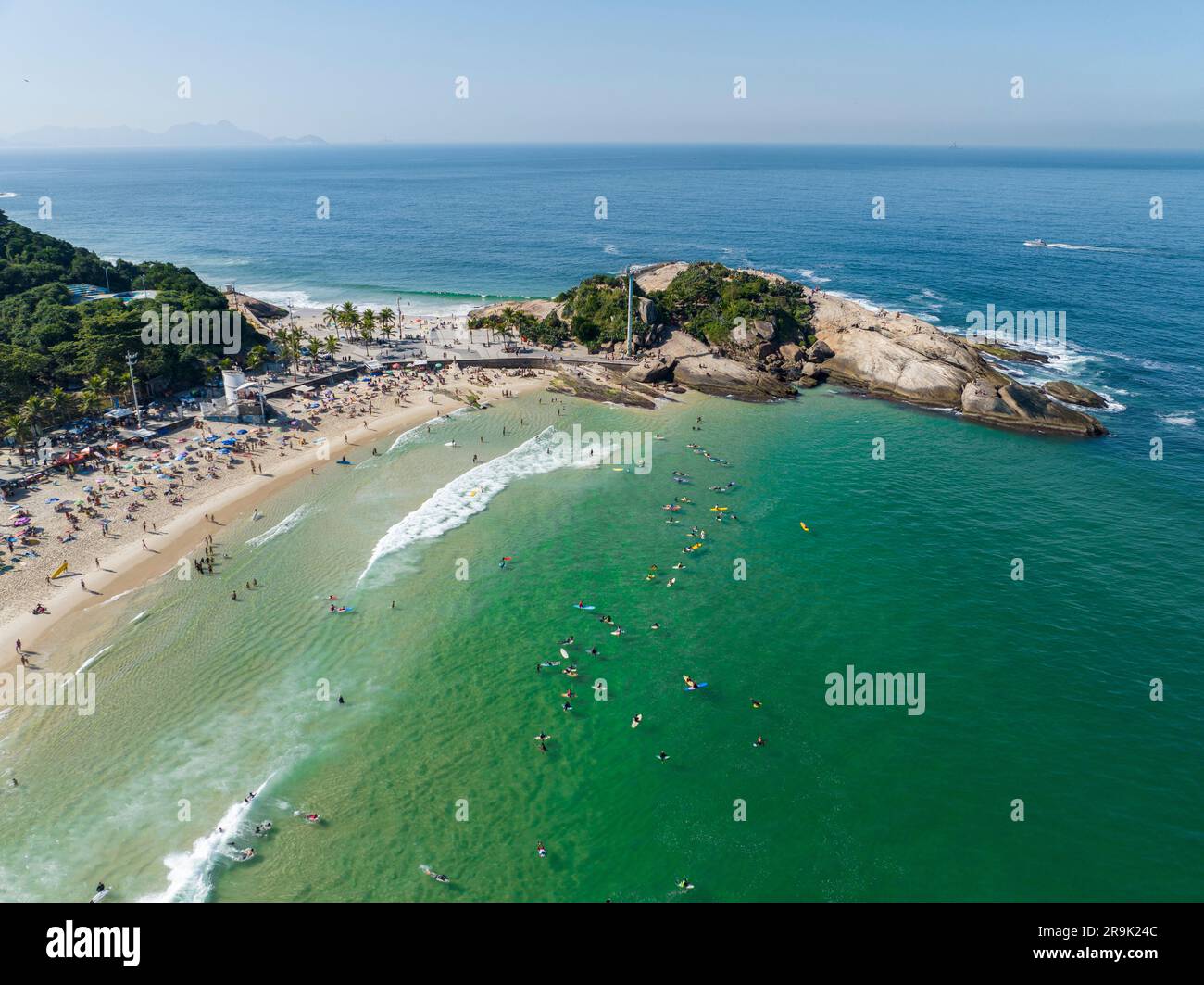 Aerial view of Diabo beach and Ipanema beach, Pedra do Arpoador. People sunbathing and playing ...