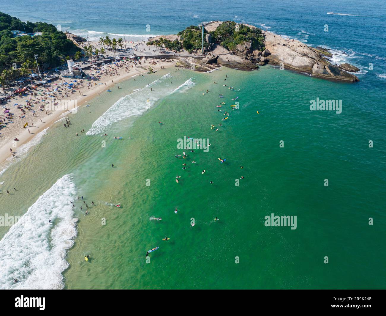 Aerial view of Diabo beach and Ipanema beach, Pedra do Arpoador. People sunbathing and playing ...