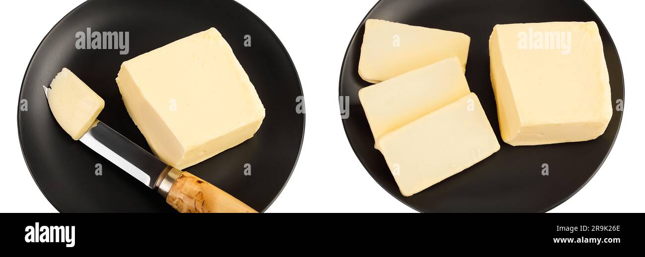 butter slices in black plate isolated on white background with full ...