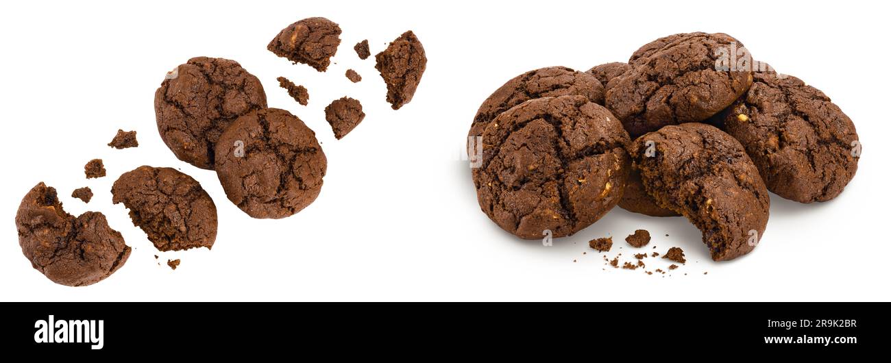 chocolate cookies broken isolated on white background with full depth ...