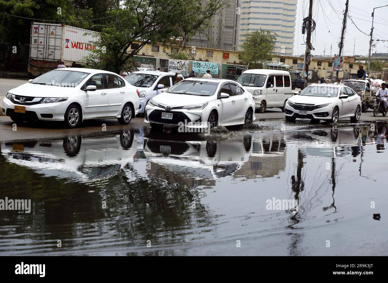 Karachi, Pakistan, June 27, 2023. Inundated road by overflowing ...